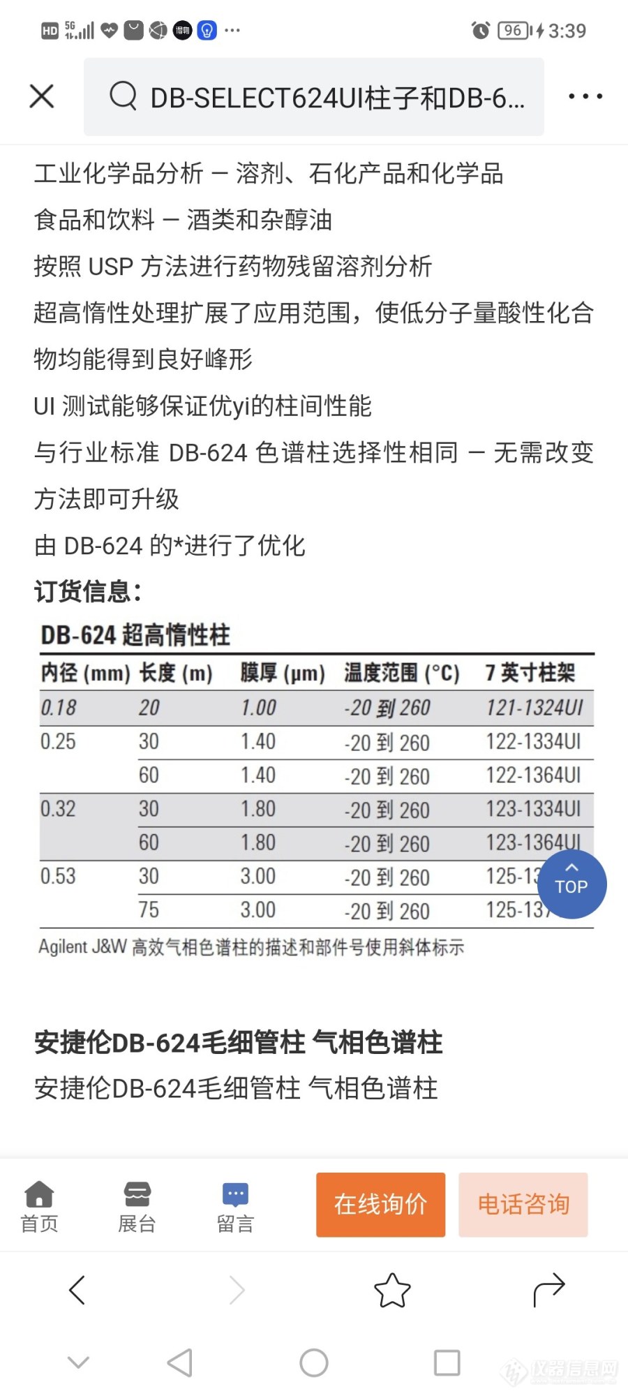 毛细管柱，DB-624_仪器信息网社区